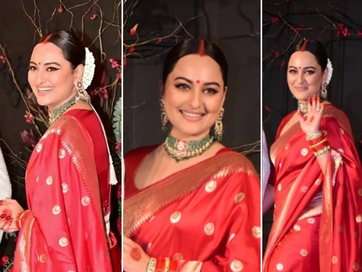 रिसेप्शनसाठी सोनाक्षी सिन्हा नेसली सुंदर चांदबुटी साडी, त्या लालबुंद ...