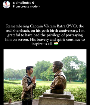 Reel Shershah Sidharth Malhotra pays tribute to real Shershah, Vikram ...