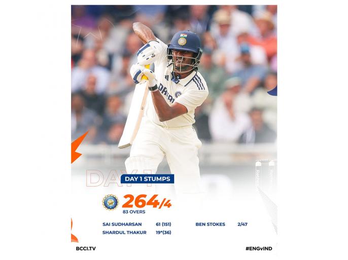 Fifties from Yashashvi, Sai take India to 264/4 against England in ...