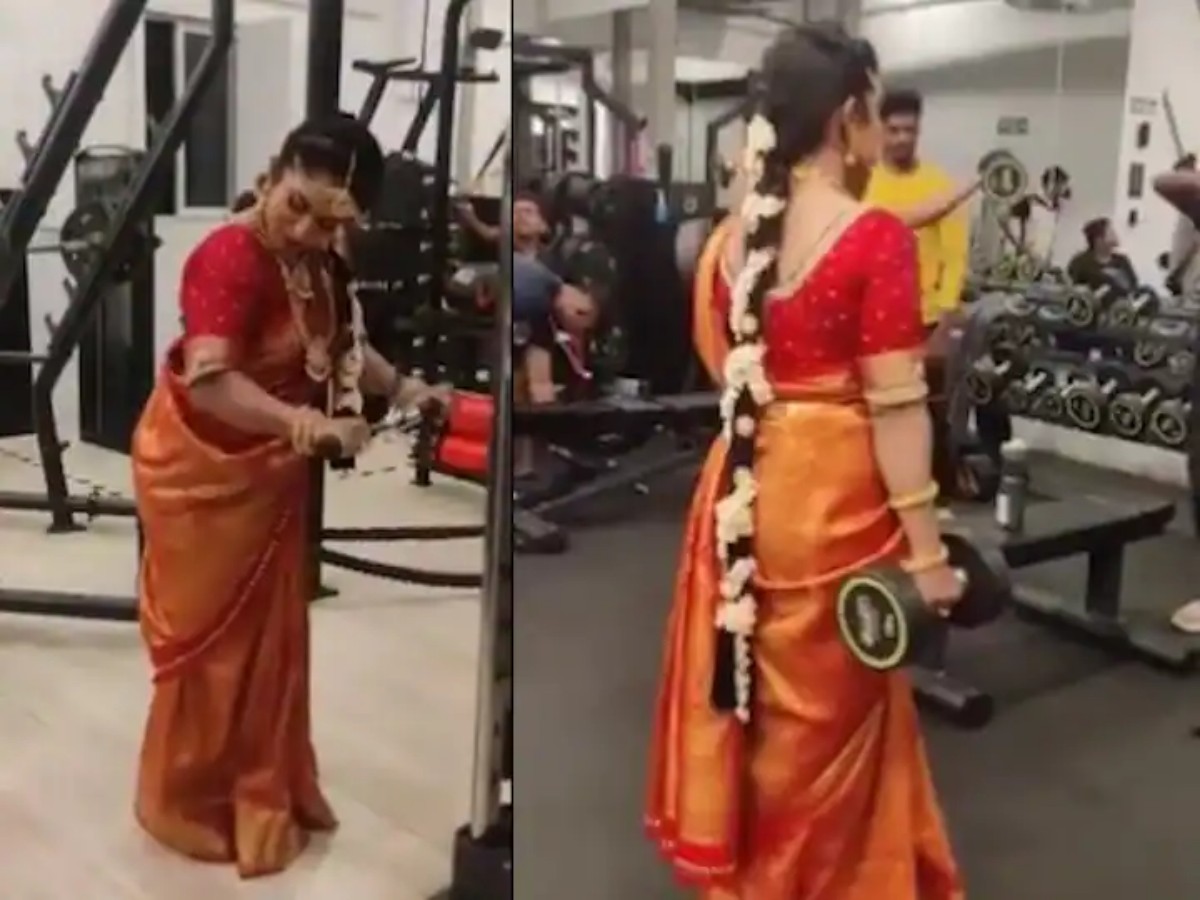 Pre-wedding photoshoot of bride working out in a gym in saree, video ...