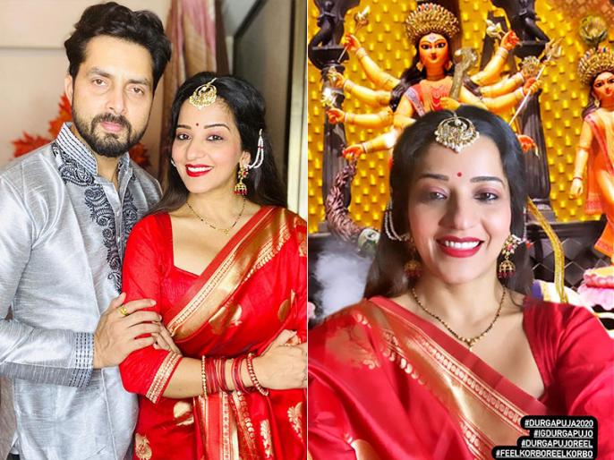 Monalisa and husband Vikrant Singh Rajput blessing goddess durga see ...