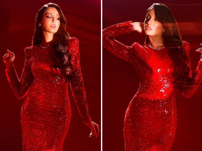 Nora Fatehi flaunts her toned figure in a red bodycon dress see ...